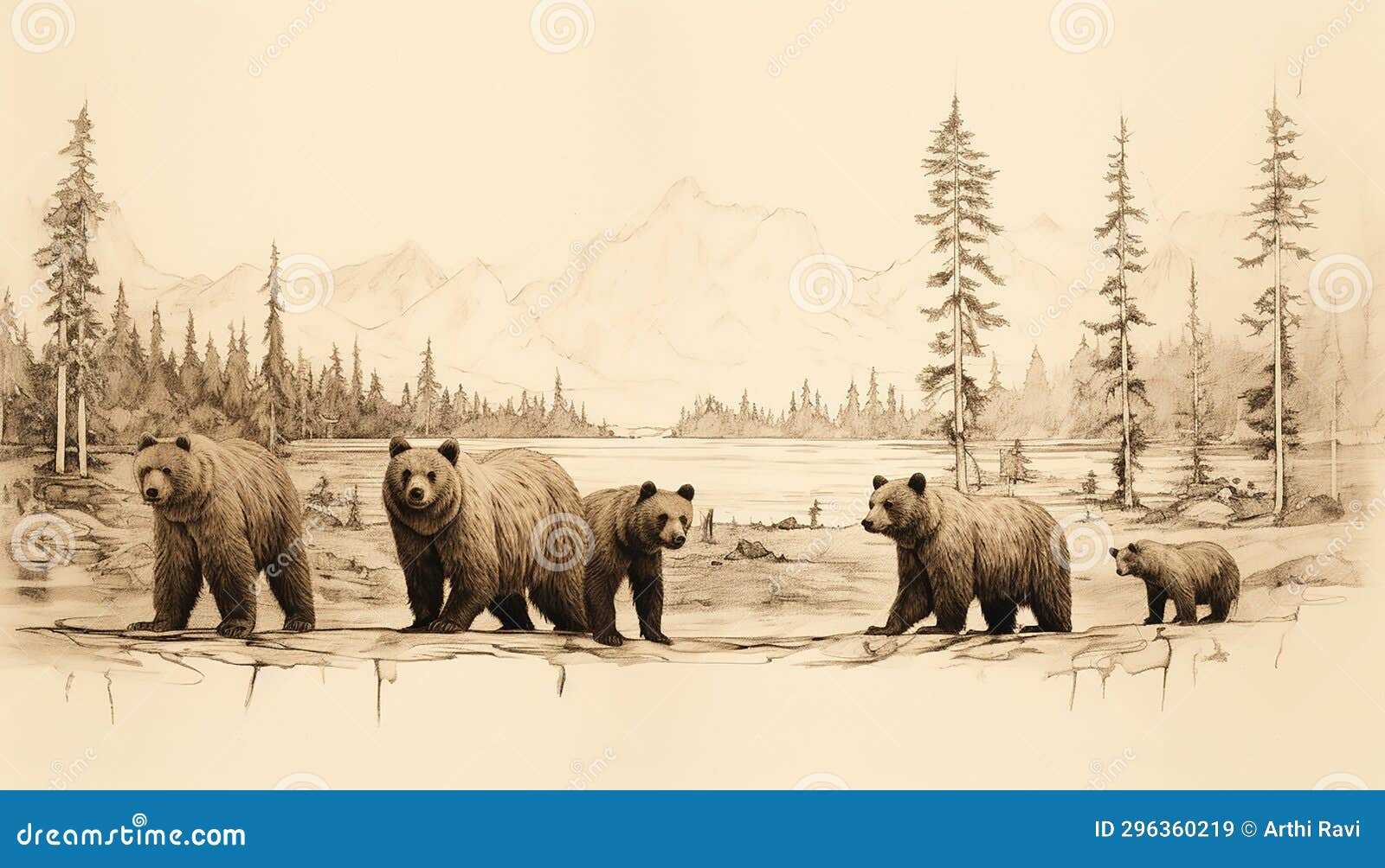 Old Parchment Paper Pencil Outline Drawing of Group of Bear Stock ...