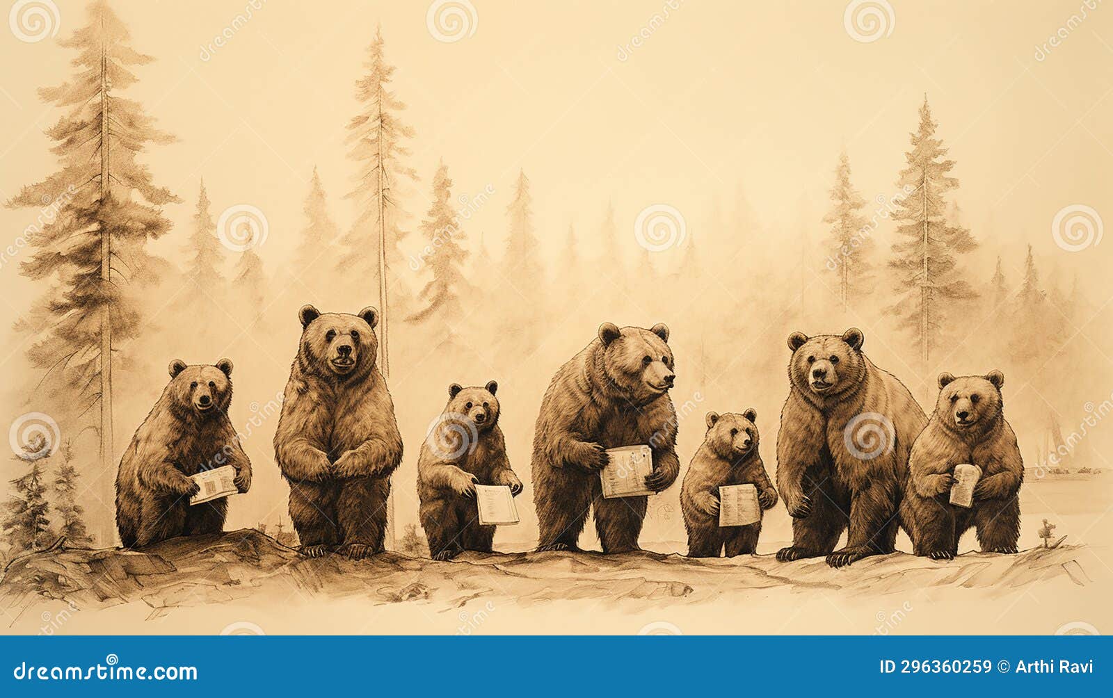Old Parchment Paper Pencil Outline Drawing of Group of Bear Stock ...