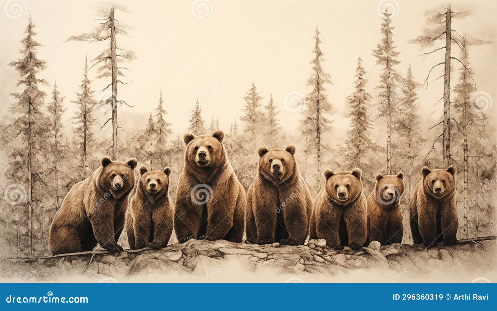 Old Parchment Paper Pencil Outline Drawing Of Group Of Bear Royalty ...