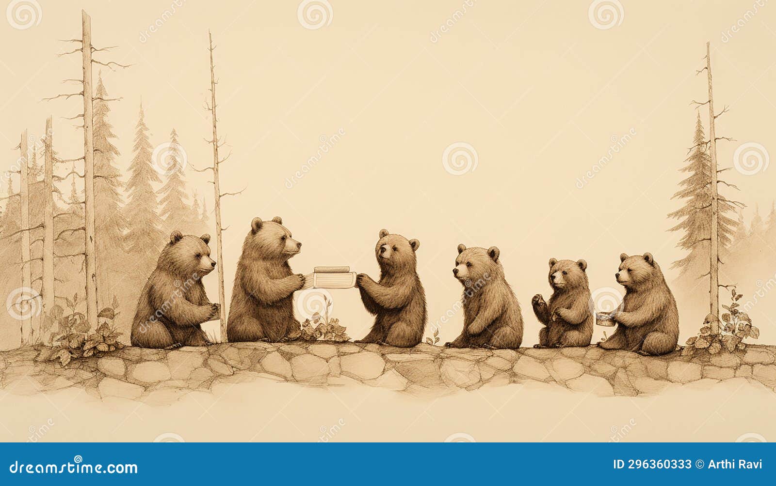 Old Parchment Paper Pencil Outline Drawing of Group of Bear Stock ...