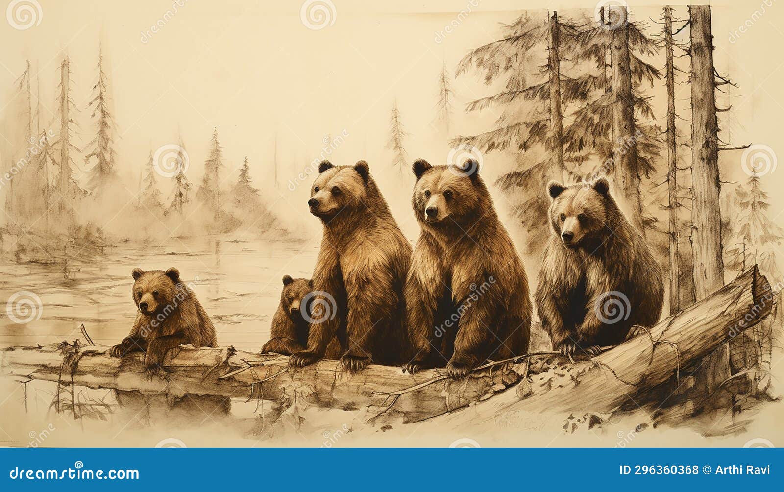Old Parchment Paper Pencil Outline Drawing of Group of Bear Stock ...