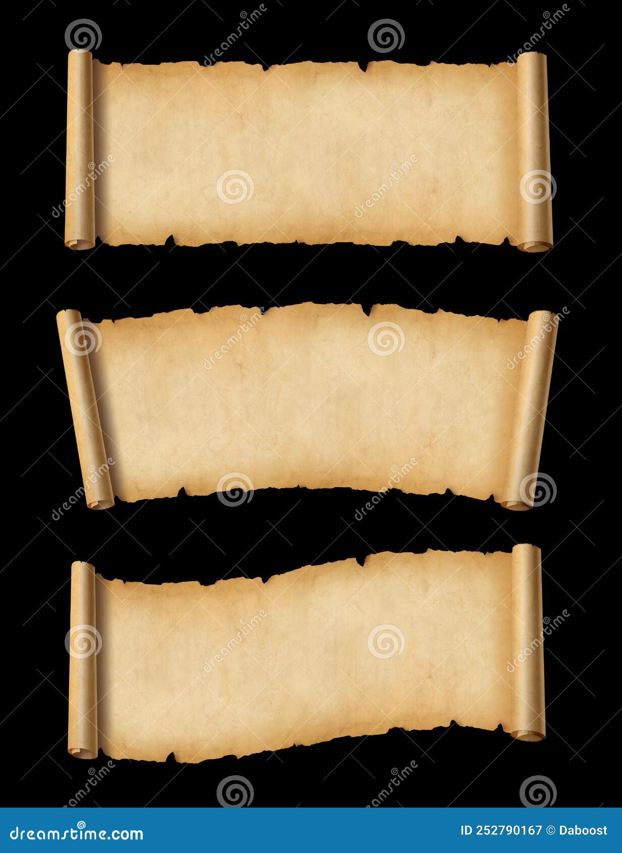 Old Parchment Paper Scroll Set Isolated on Black. Horizontal Banners ... Old Parchment Paper Scroll Set Isolated on Black. Horizontal Banners ...