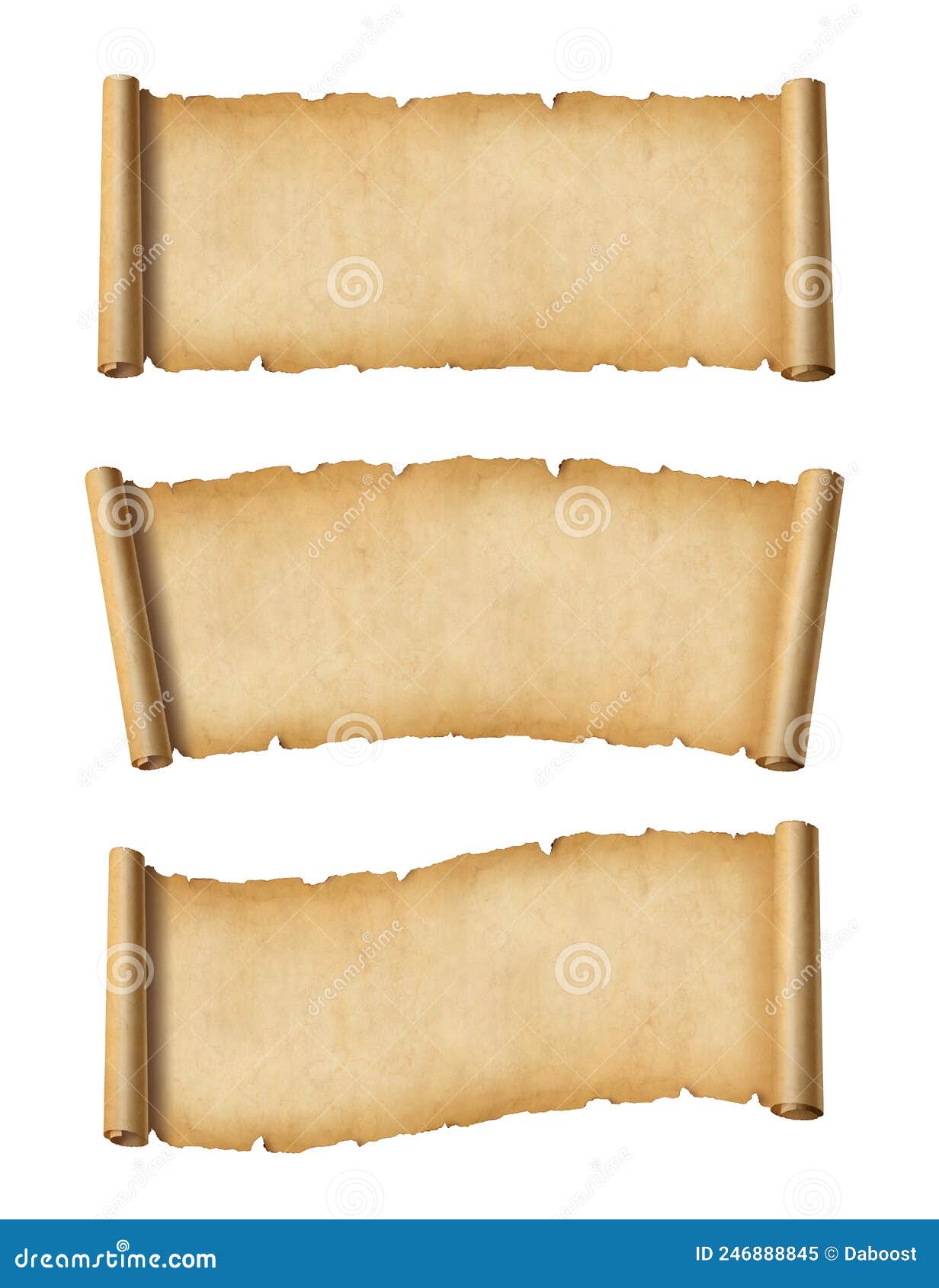 Old Parchment Paper Scroll Set Isolated on White. Horizontal Banners ...