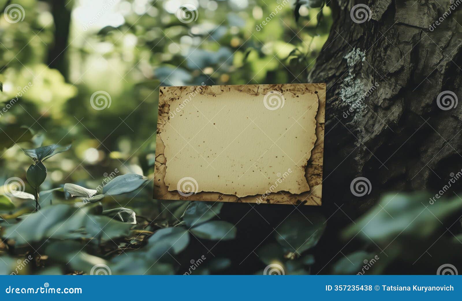 Old Parchment Paper on Tree Bark, Surrounded by Greenery, Natural ...