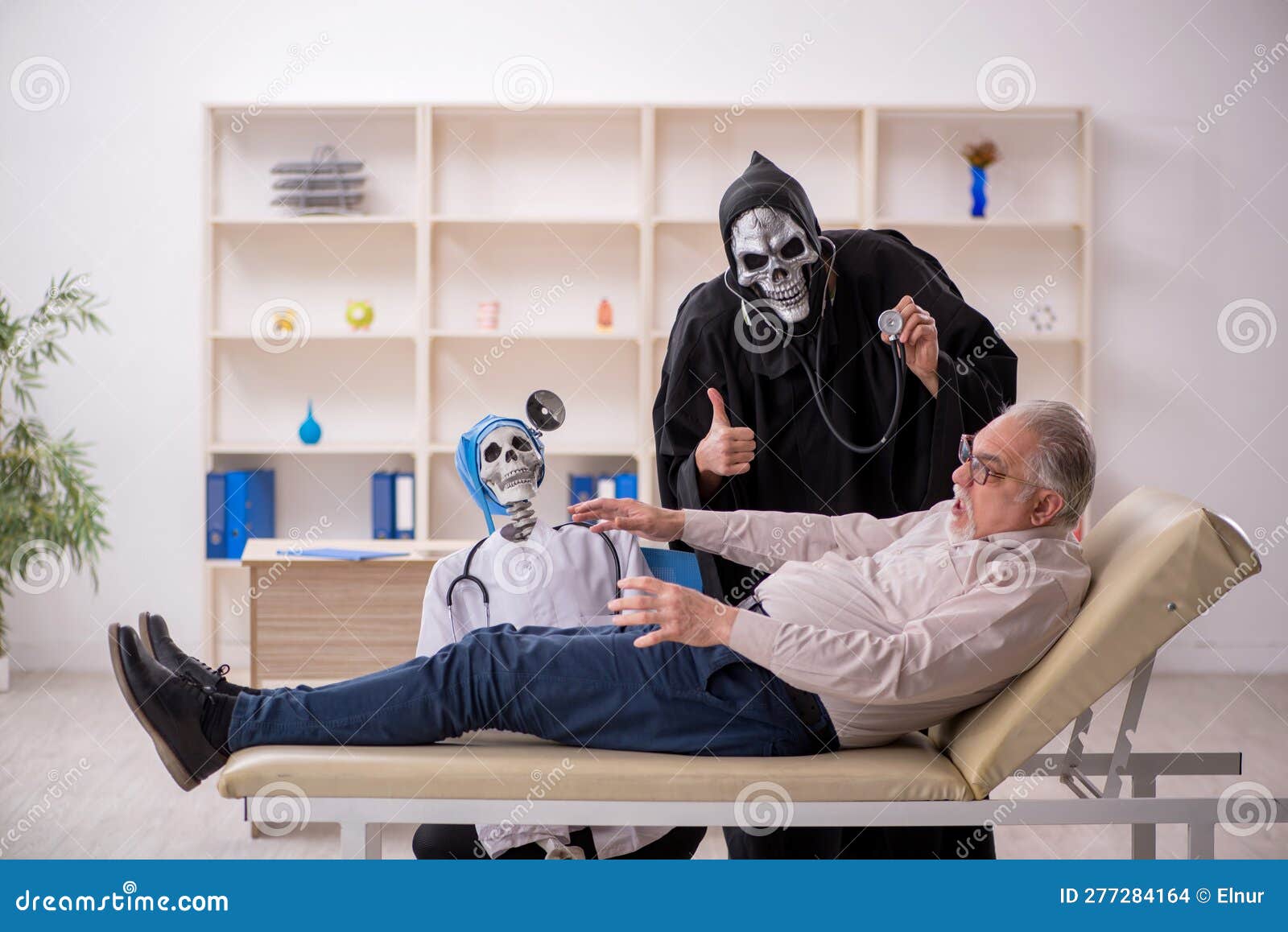 Old Male Patient Visiting Two Devil Doctors Stock Photo - Image of ...