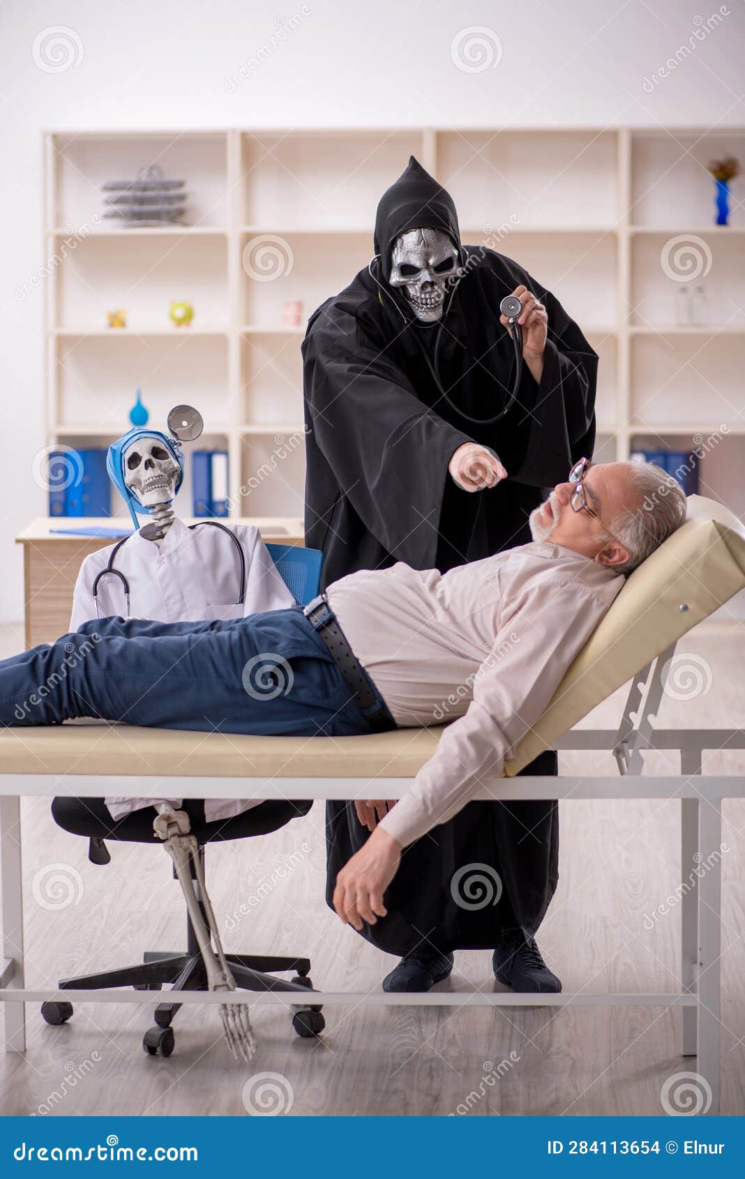 Old Male Patient Visiting Two Devil Doctors Stock Photo - Image of ...