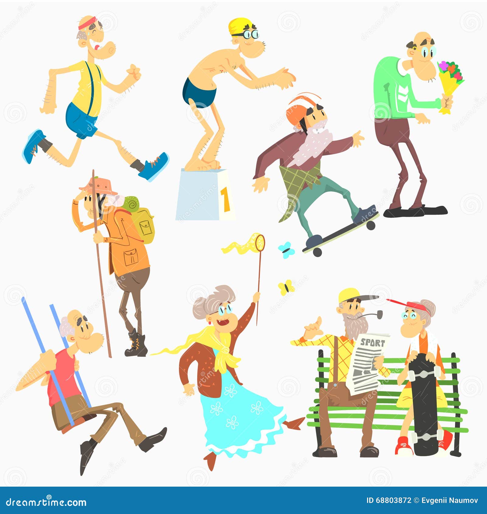 Old People Activities Flat Vector Illustration Set Stock Vector