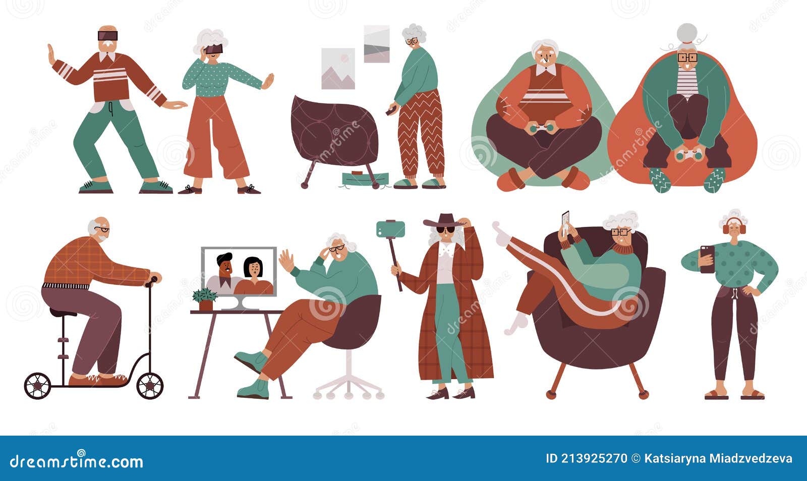 Old People and Technology Flat Character Set. Stock Vector ...