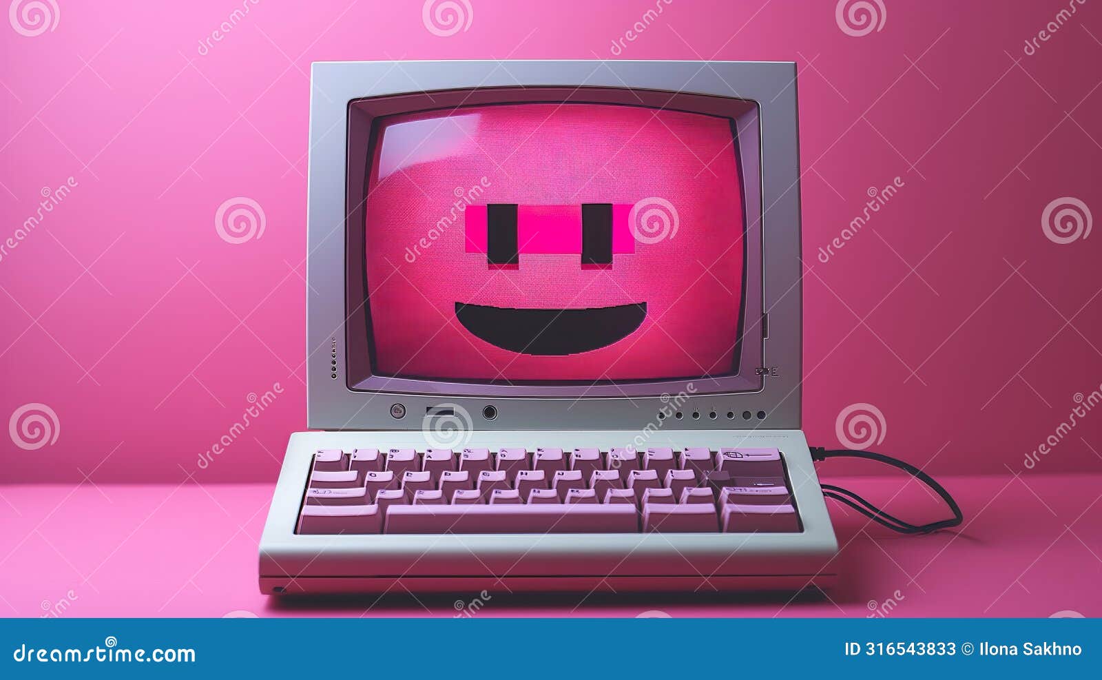 Old Personal Computer Displaying a Pink Smiley Face on Screen Stock ...