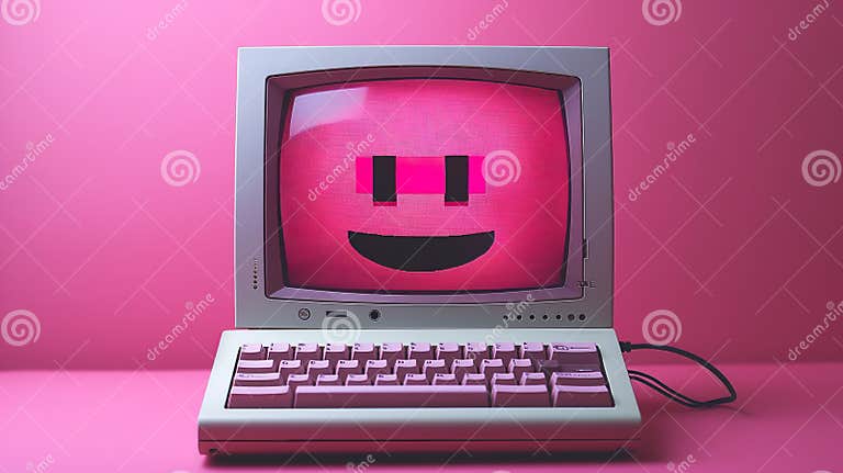 Old Personal Computer Displaying a Pink Smiley Face on Screen Stock ...