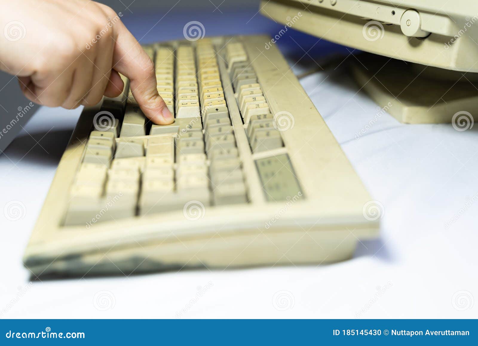 Old Personal Computer with Man Entering Enter Button a Keyboard. Stock ...
