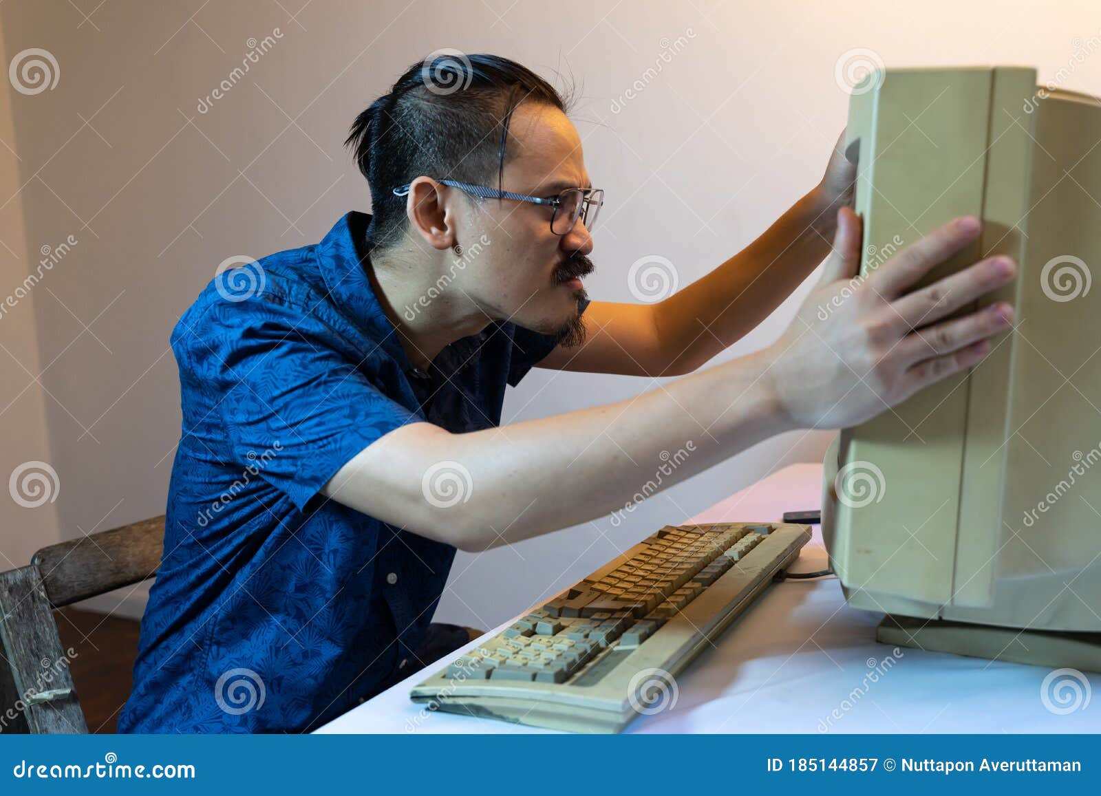 Old Personal Computer with Man Very Stressed . Stock Image - Image of ...