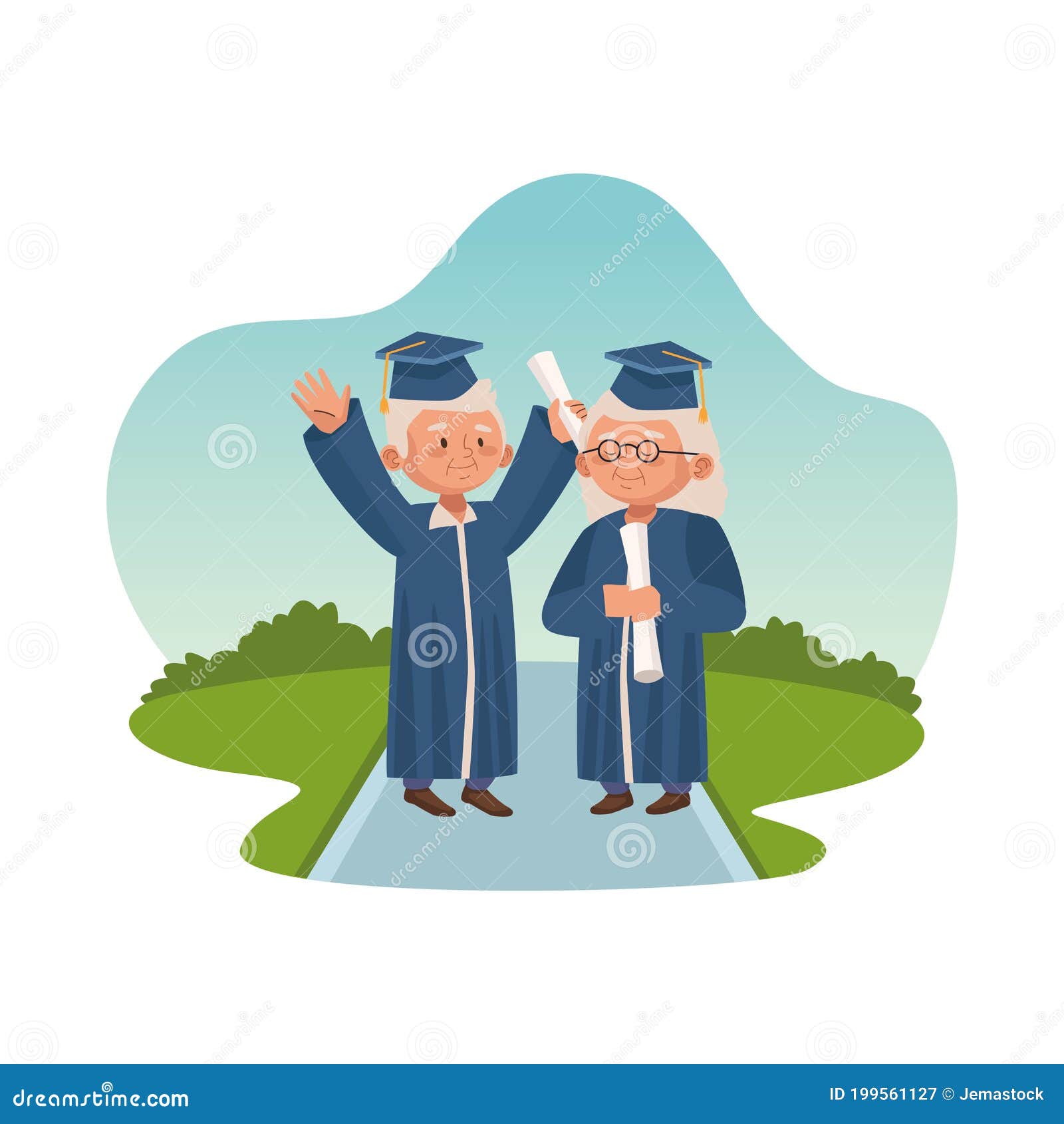 Old Persons Couple With Graduation Uniforms Characters Cartoon Vector ...