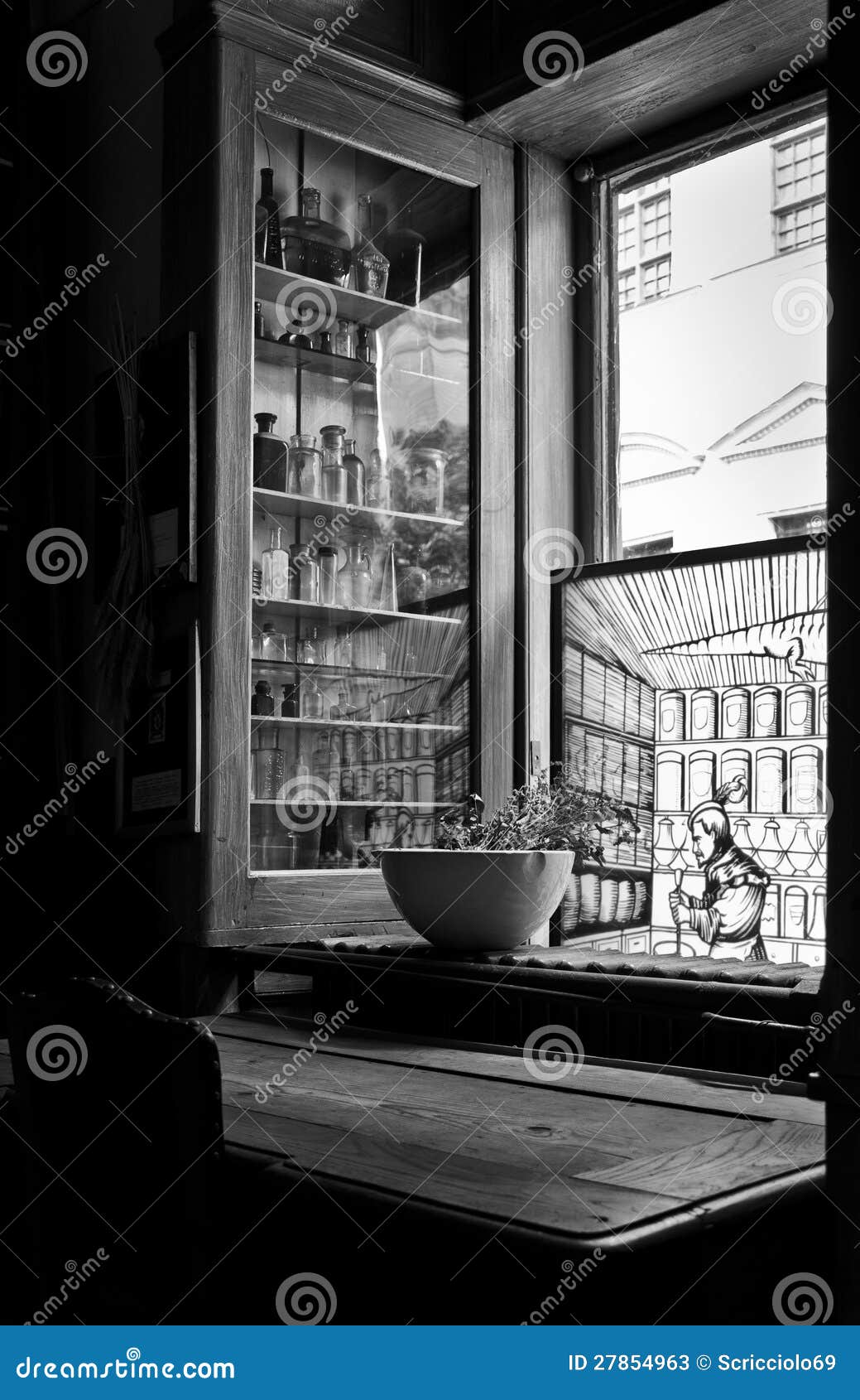 Old Pharmacy Window Contrasting Light Stock Image - Image of absence ...