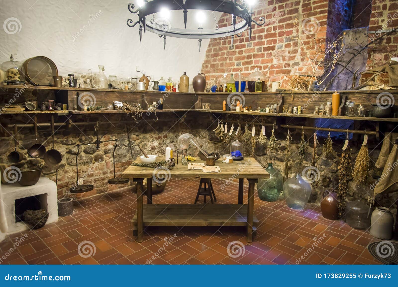 Old pharmacy workshop stock image. Image of retort, table - 173829255