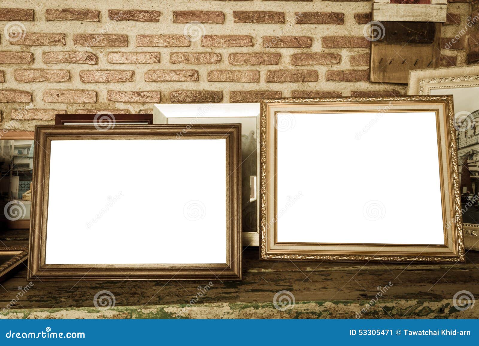 Old Photo Frames on the Wooden Table Stock Image - Image of room, retro ...