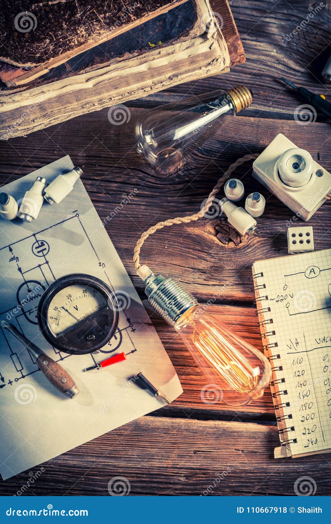 Old Physics Classroom with Electrical Components and Edison Light Bulb ...