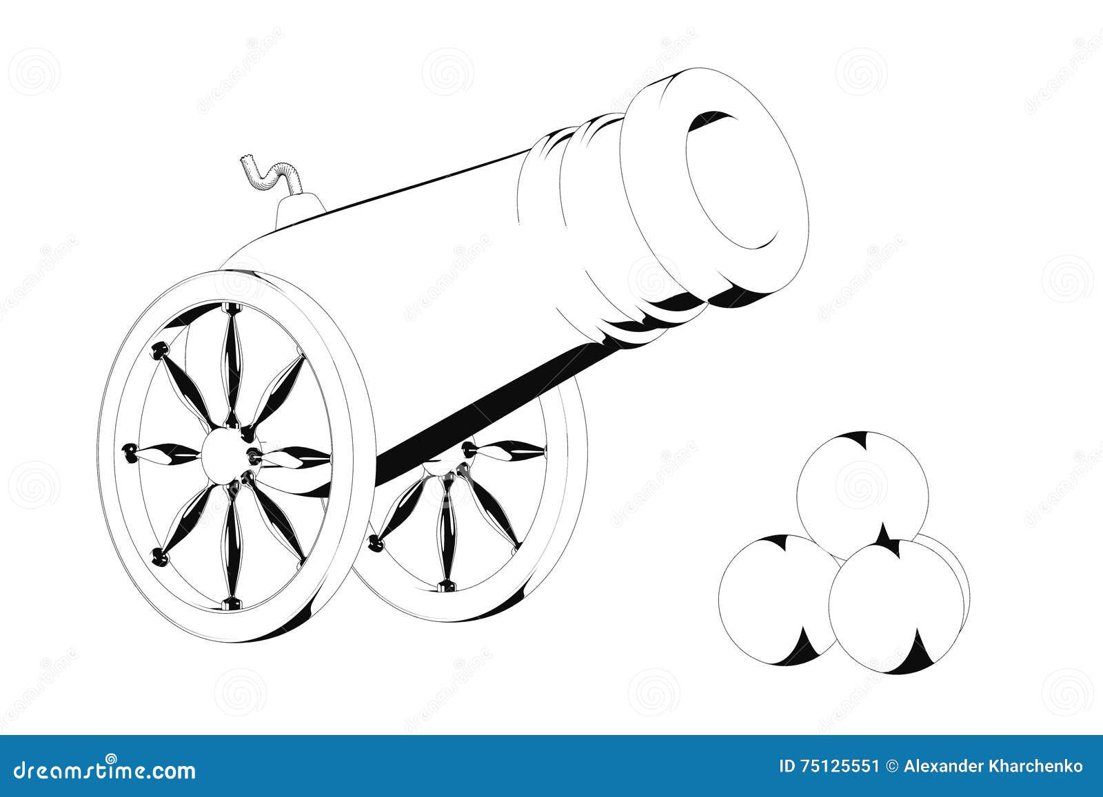 Old Pirate Cannon in Black and White Cartoon Style. 3d Rendering Stock ...