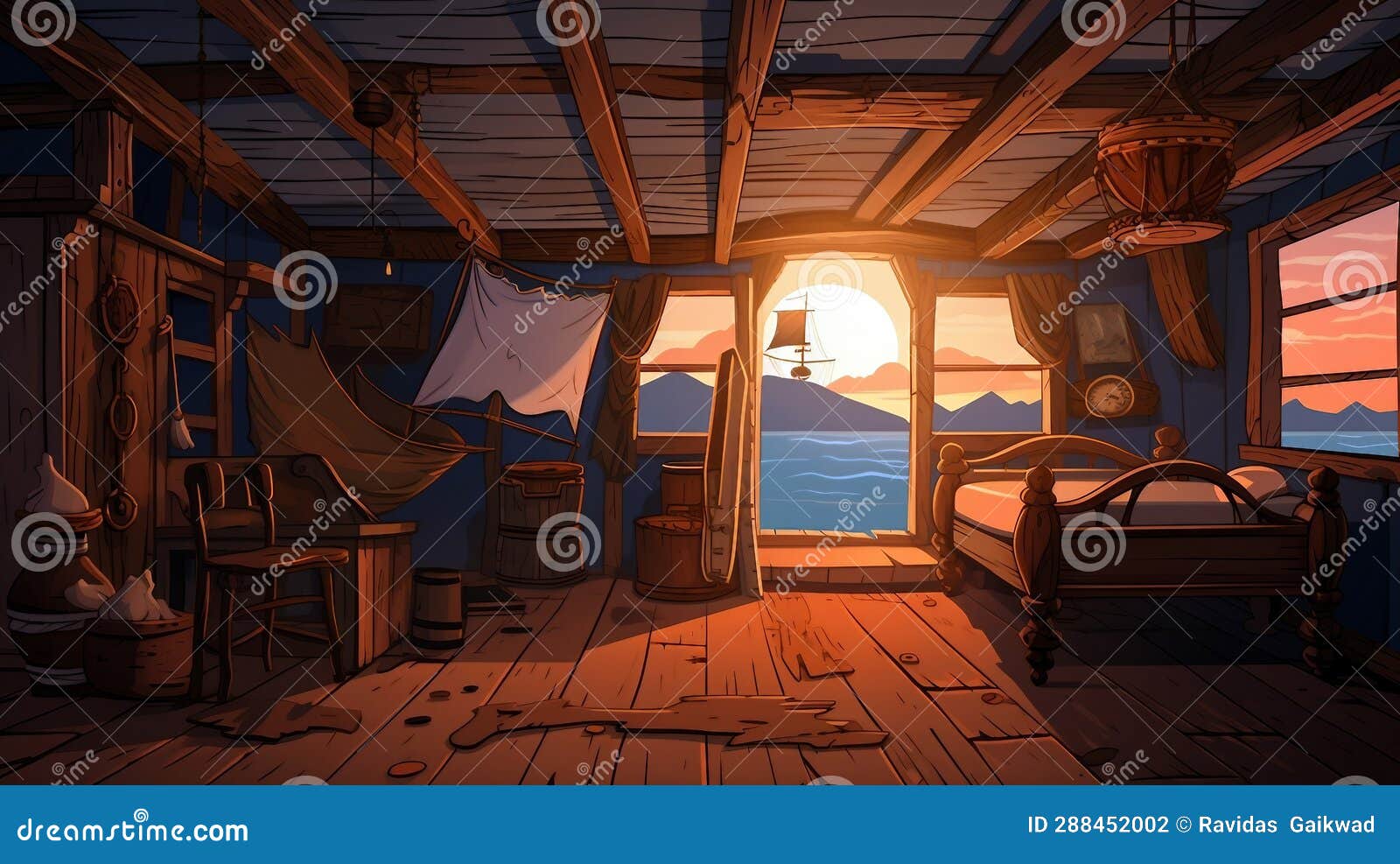 Old Pirate Ship Cabin with Bed and Window at Sunset Illustration AI ...