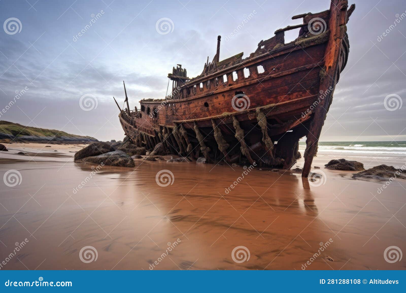 An Old Pirate Shipwreck On A Beach With Palm Trees Royalty-Free ...