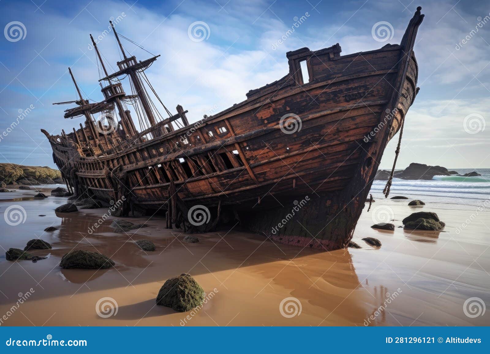 Old Pirate Shipwreck Washed Ashore on a Beach Stock Illustration ...