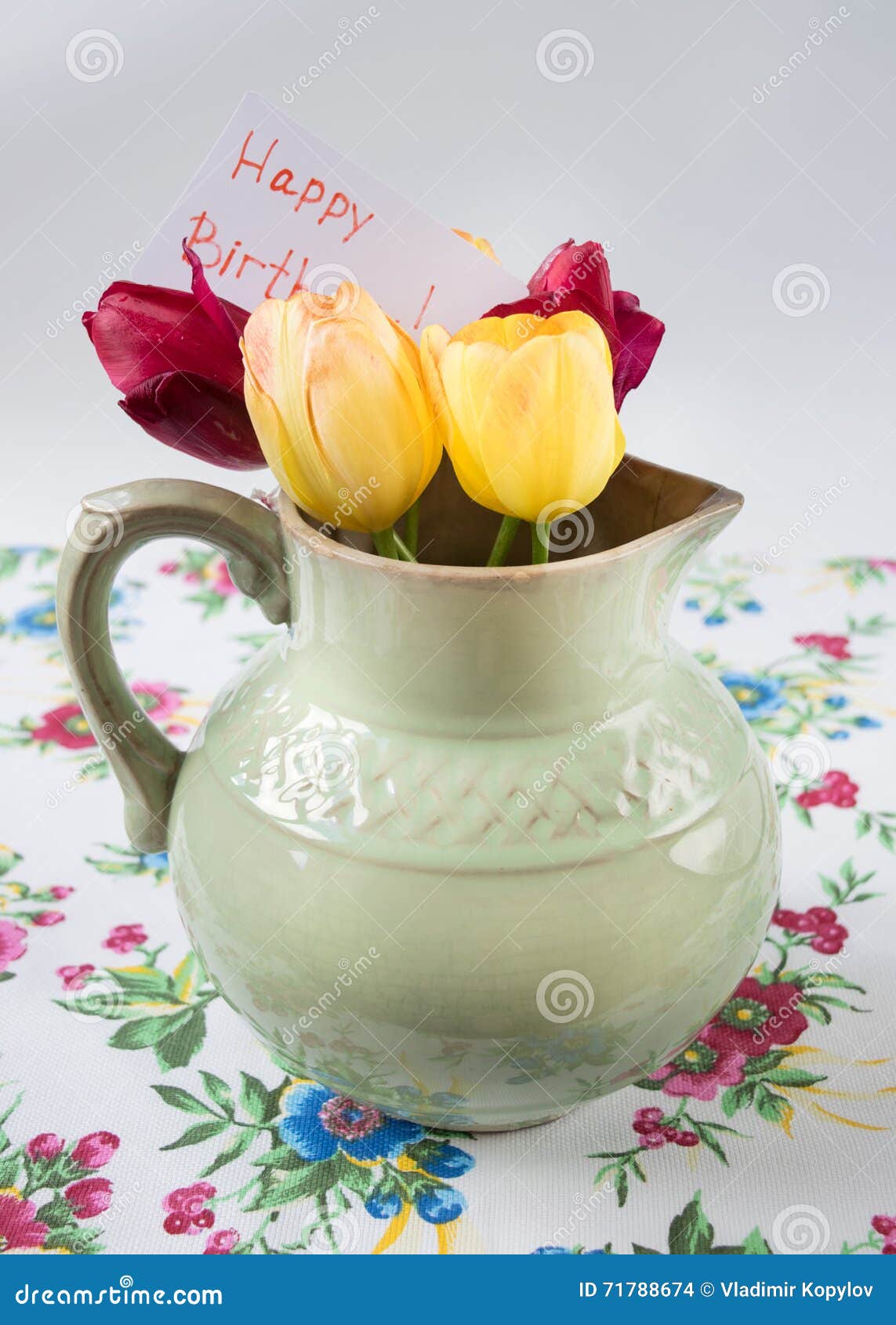 Old Pitcher with Flowers of Tulips Stock Photo - Image of tablecloth ...