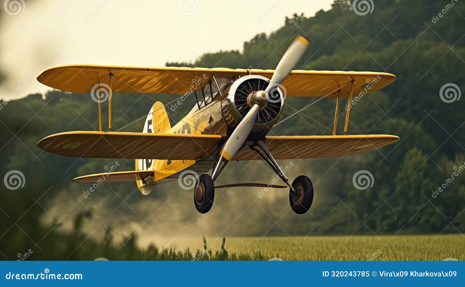 Old Plane with Double Wings. Biplane Landing Stock Illustration ...