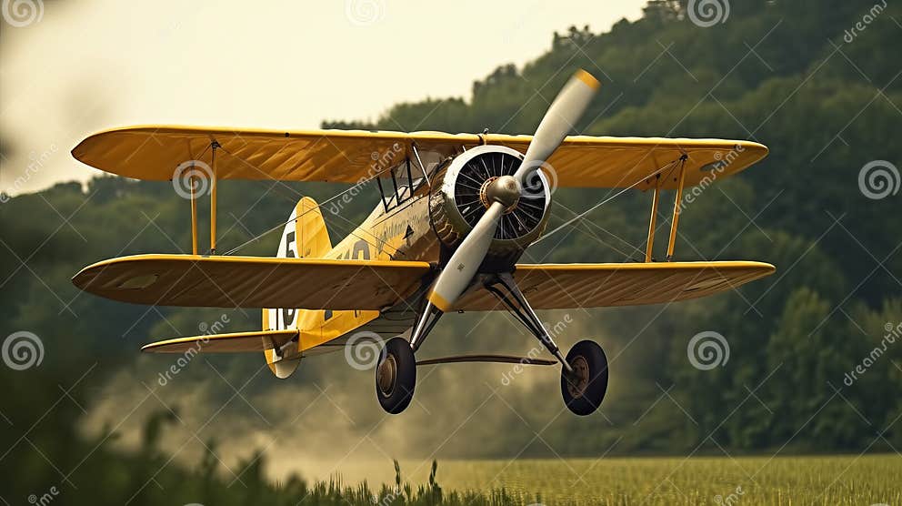 Old Plane with Double Wings. Biplane Landing Stock Illustration ...