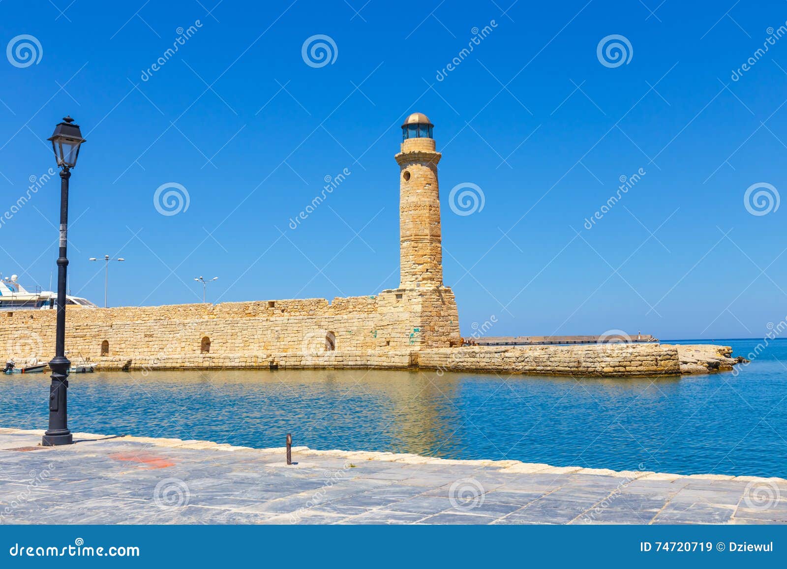 Old Port and Lighthouse in Rethymno, Crete Stock Image - Image of ...