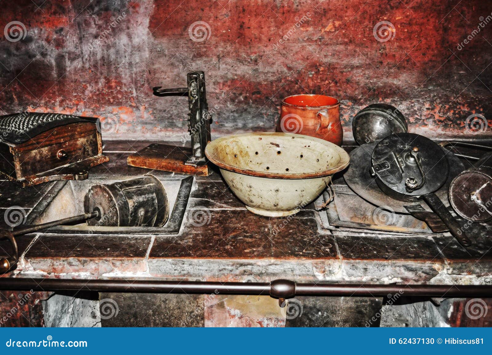 Old Pots and Dishes in a Rustic Kitchen Stock Photo - Image of hook ...