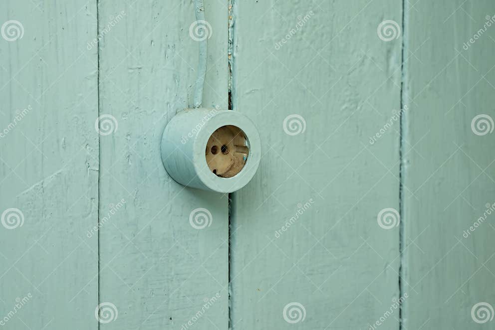Old Power Sockets Mounted on the Blue Wall Stock Photo - Image of light ...