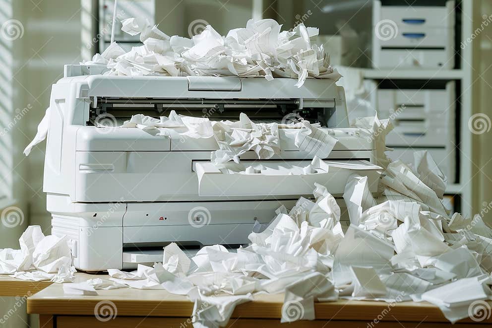 Old Printer Surrounded by Crumpled Papers on Desk, an Outdated Printer ...