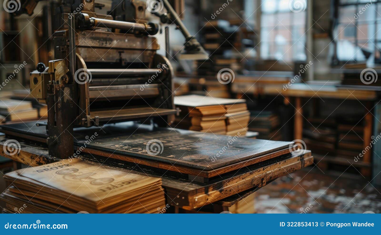 Old Printing Press a Printer with Stacks of Printed Pages Stock ...