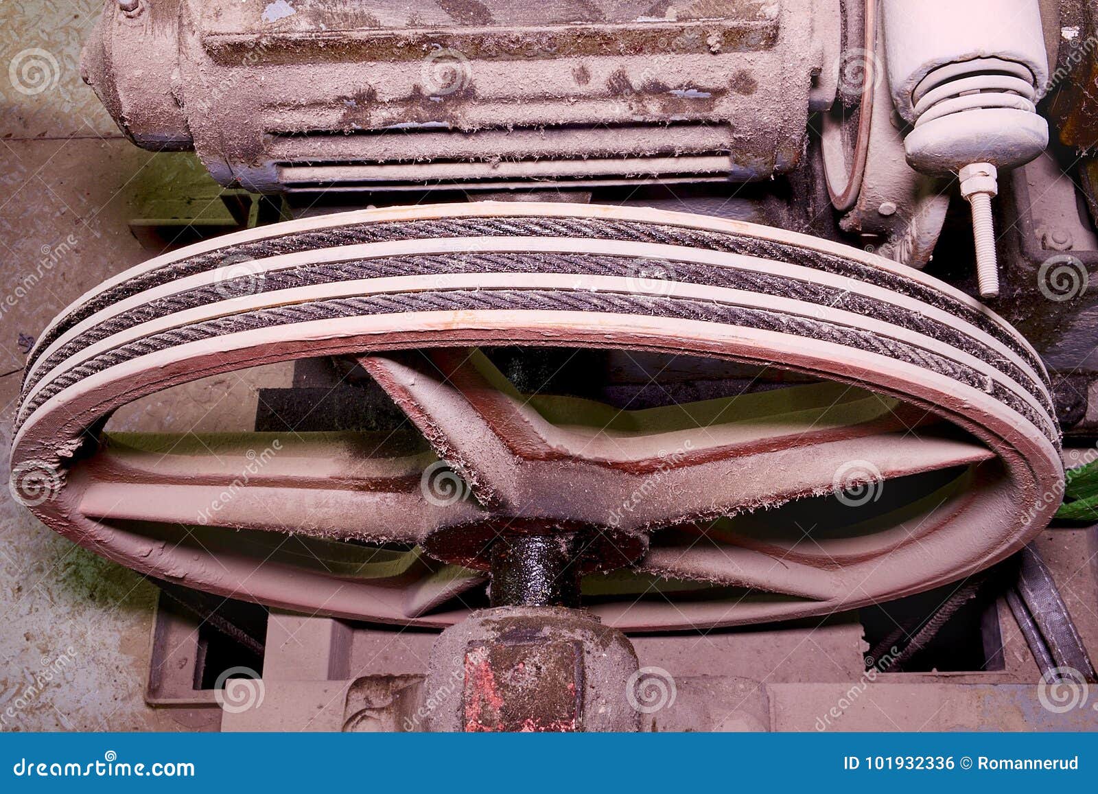 Old Pulley Wheel and Engine in Engine Room. Closeup Stock Photo - Image ...