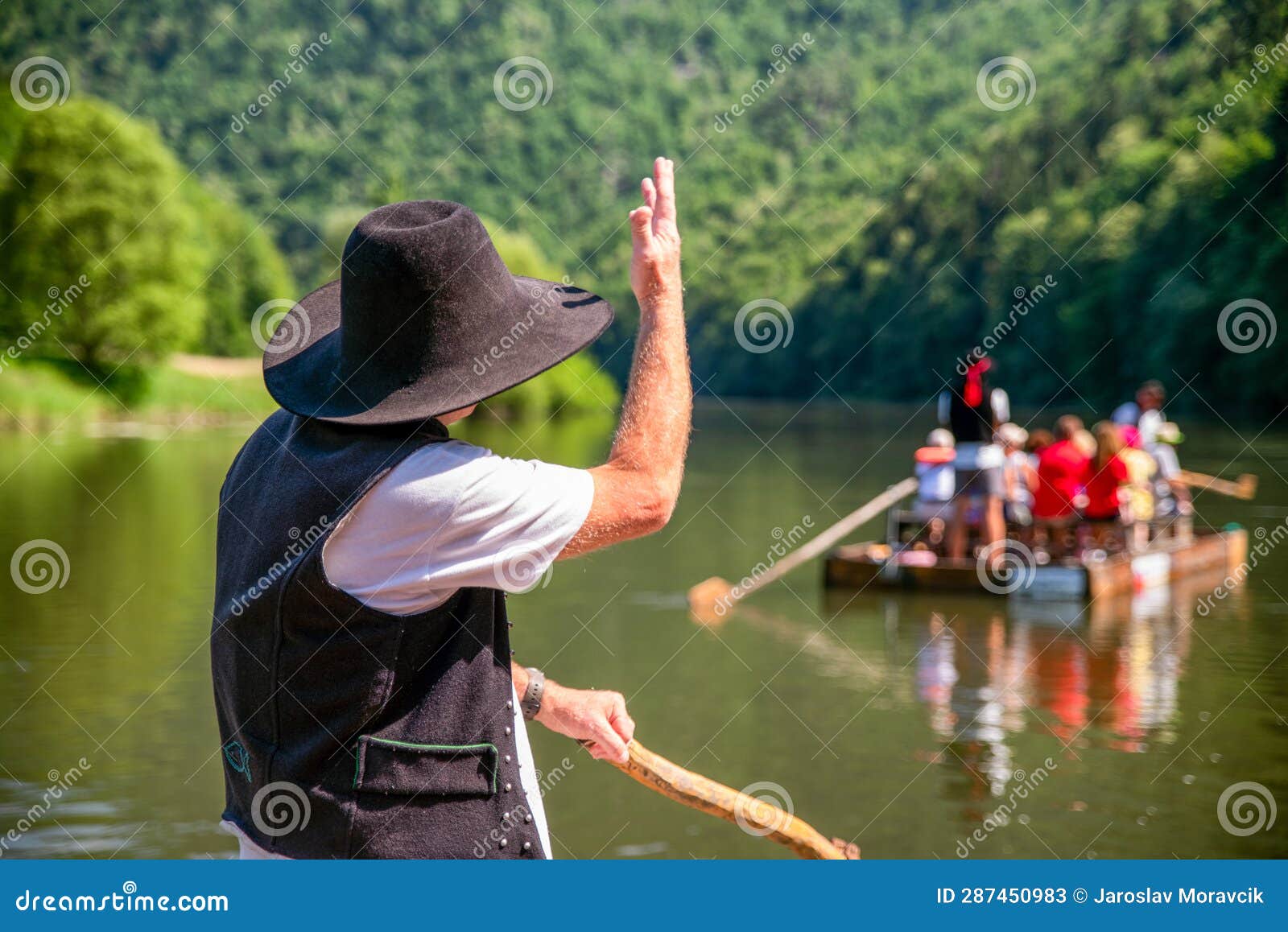 Old Rafter Rafting River on Wooden Raft Stock Image - Image of forest ...