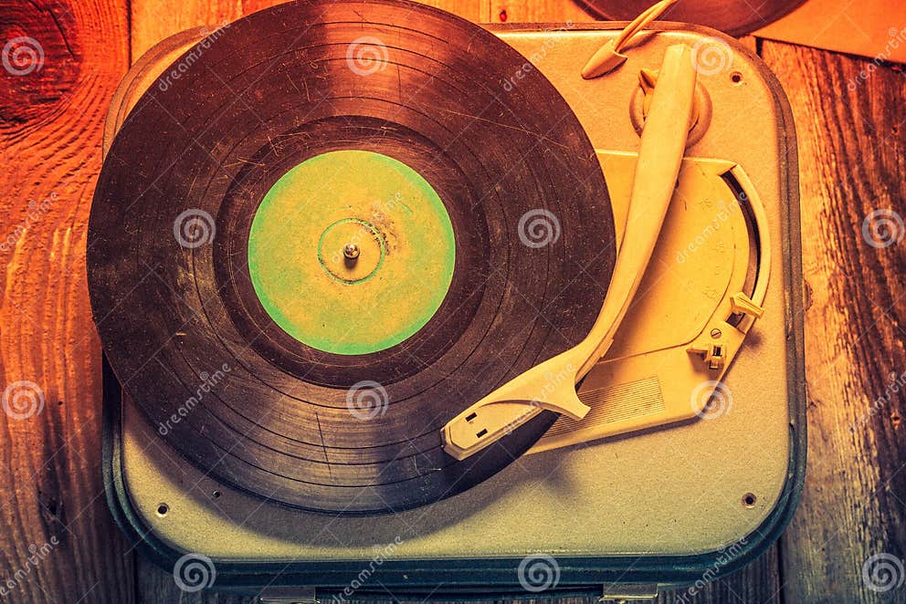 Old Record Player with a Stack of Vinyl Records Stock Image - Image of ...