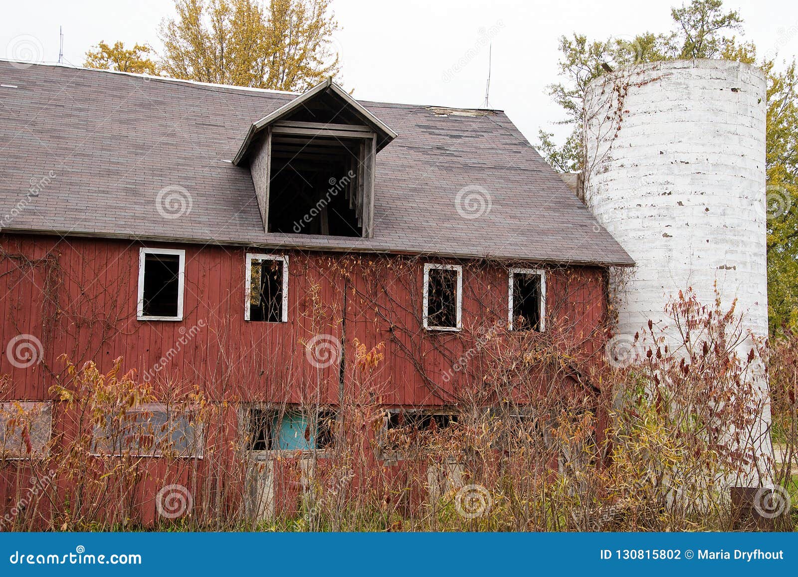 Old red barn with silo stock photo. Image of architecture - 130815802