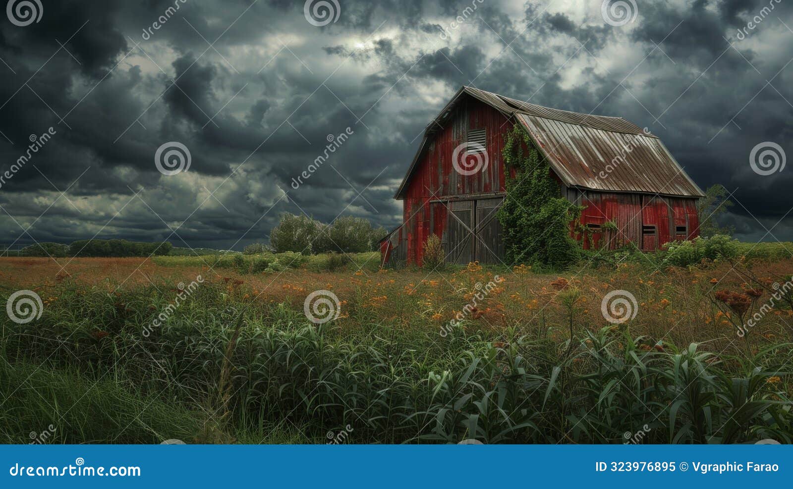 Old Red Barn in a Stormy Countryside Landscape, Dramatic Rural Scene ...