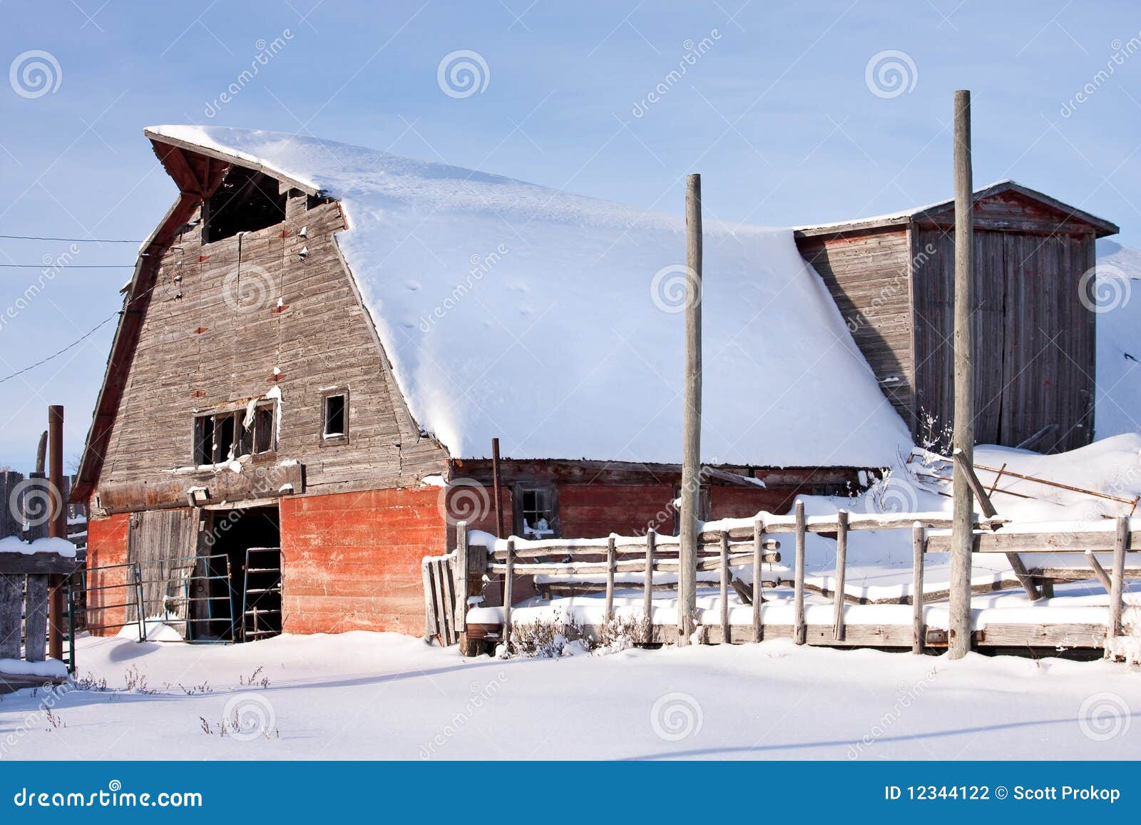 Old Red Barn in Winter stock photo. Image of weather - 12344122