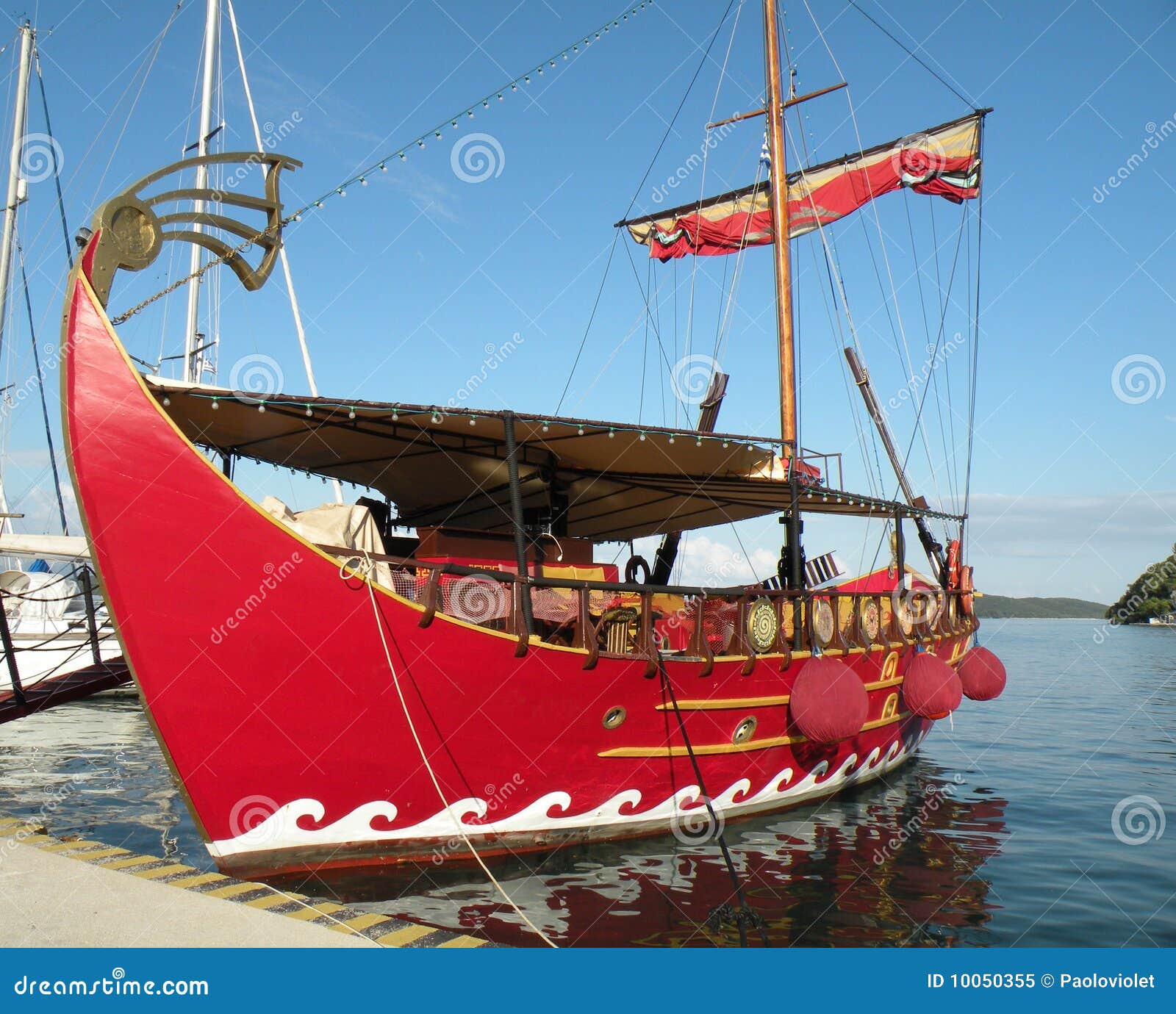 Old red boat stock image. Image of flag, greek, galleon - 10050355