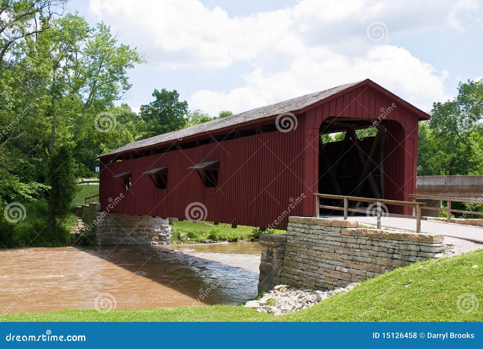 Old Red Covered Bridge Over Muddy River Stock Photo - Image of wood ...