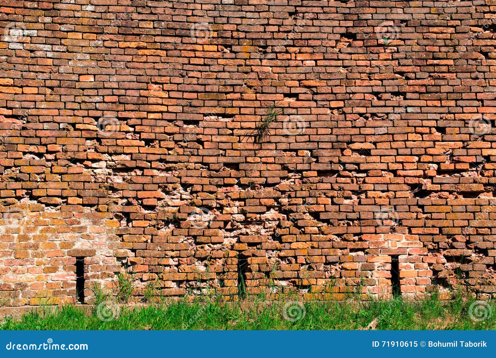 Old Red-orange Brick Wall and a Lawn 4 Stock Image - Image of retro ...