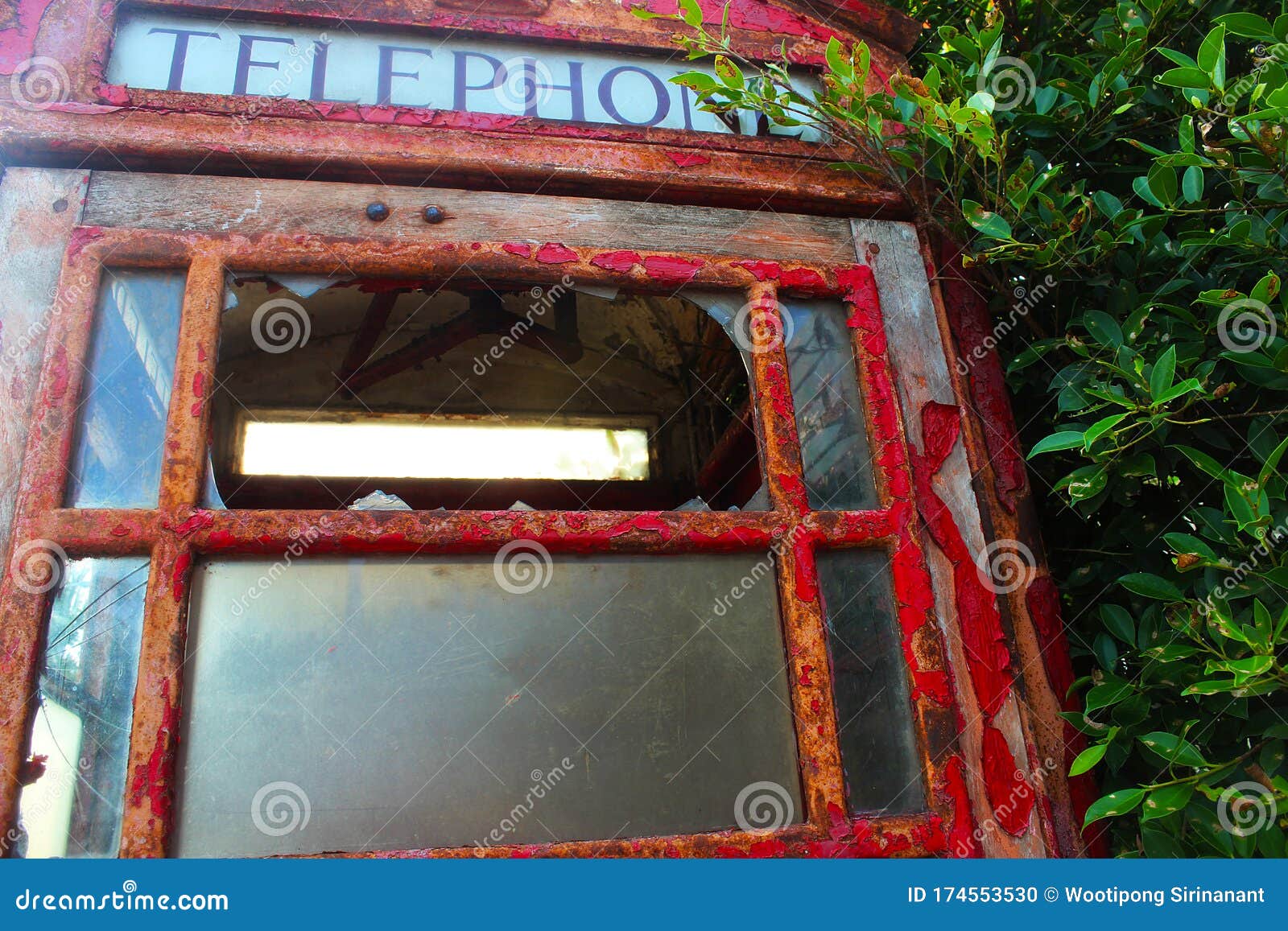 The Old Red Public Telephone Box is Damaged Stock Photo - Image of ...