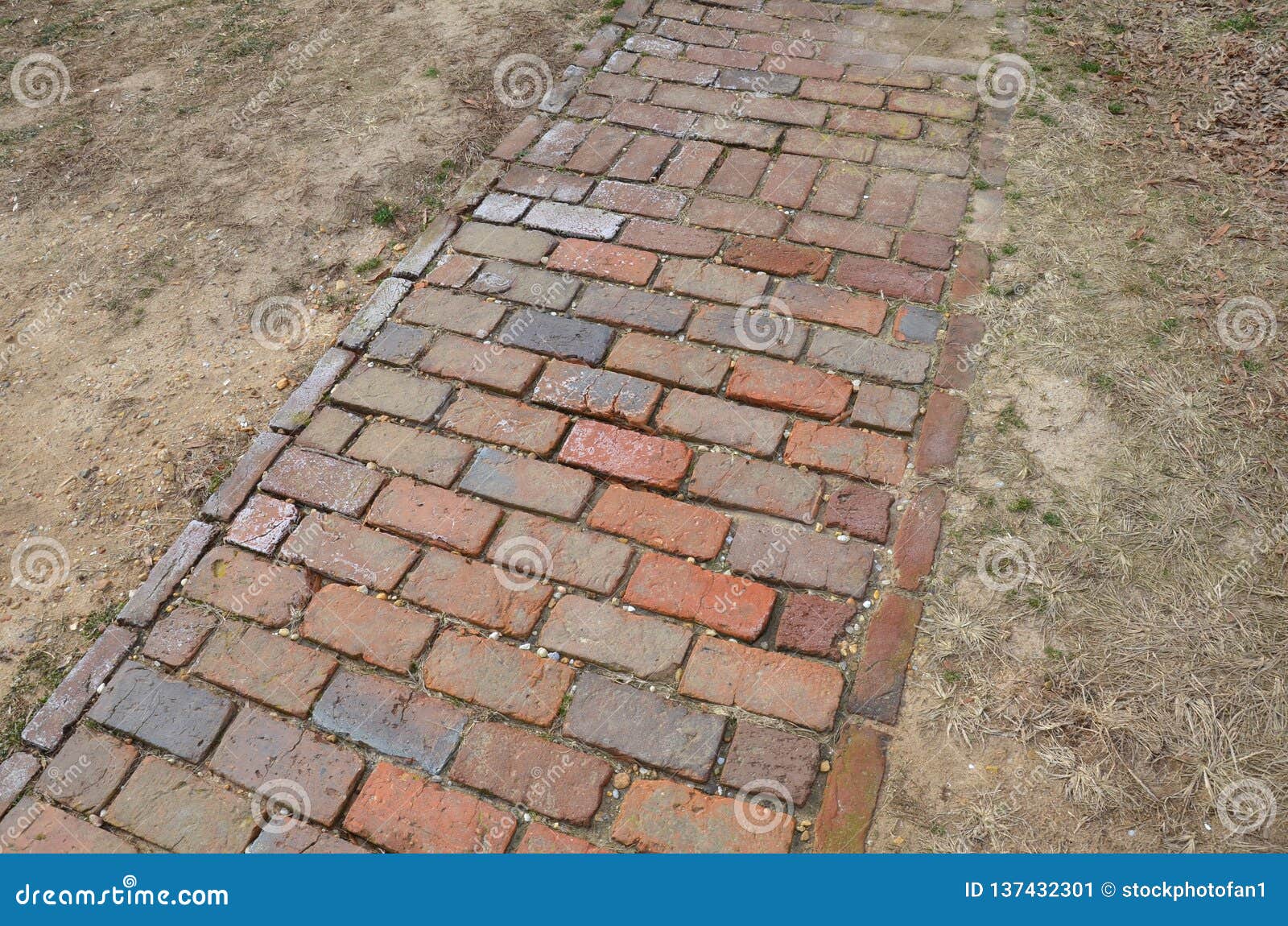 Old Red Rectangle Brick Path or Trail or Sidewalk Stock Image - Image ...