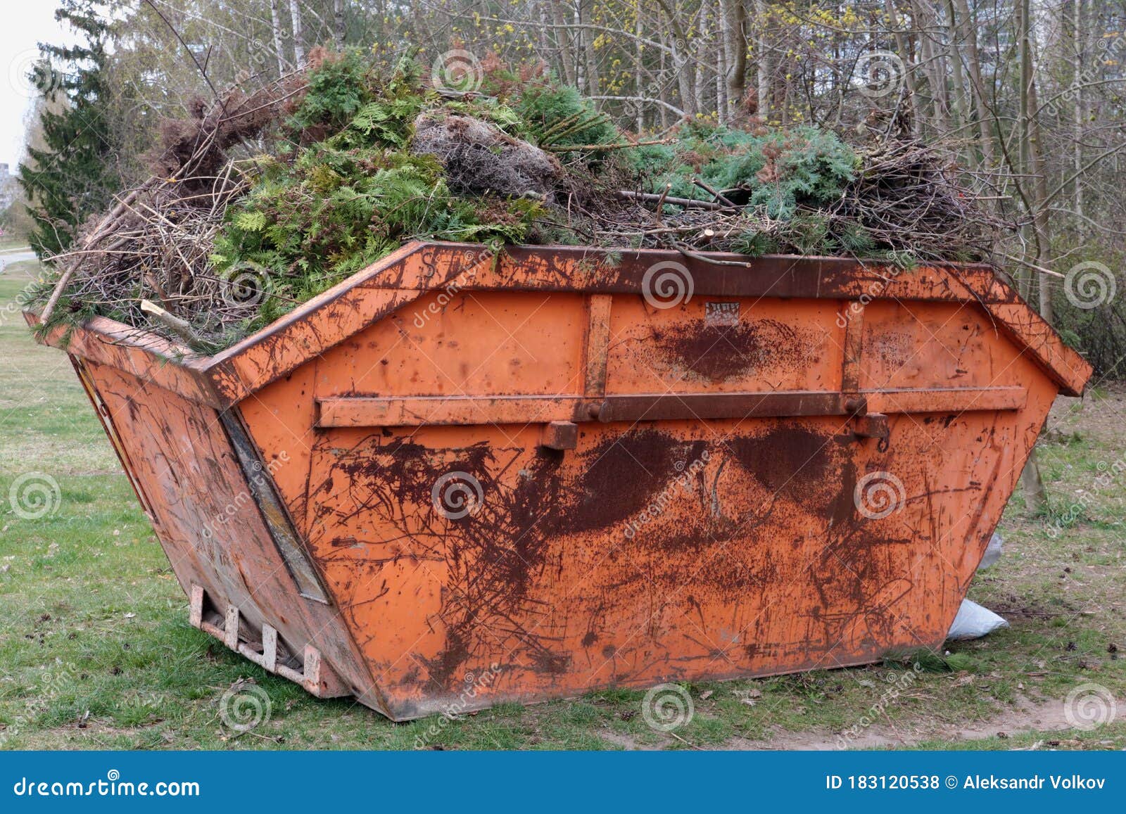 The Old Red Rusty Container for Branches, Leaves and Garbage in the ...