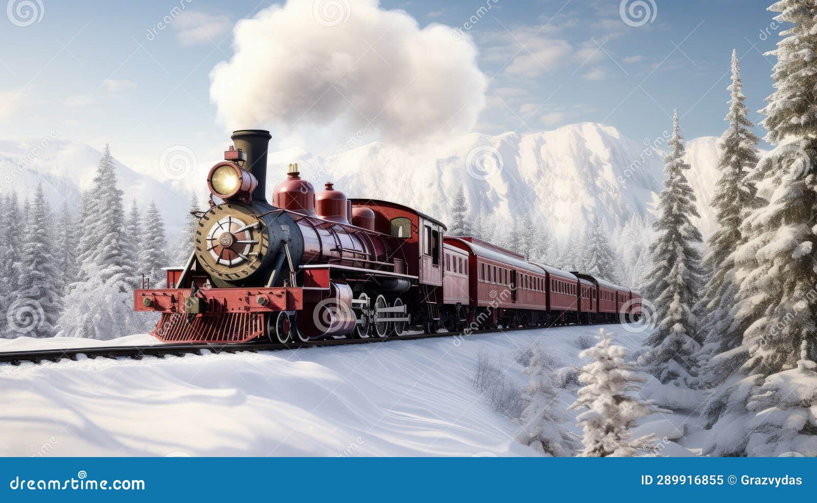 Old Red Steam Locomotive in the Snow Stock Illustration - Illustration ...
