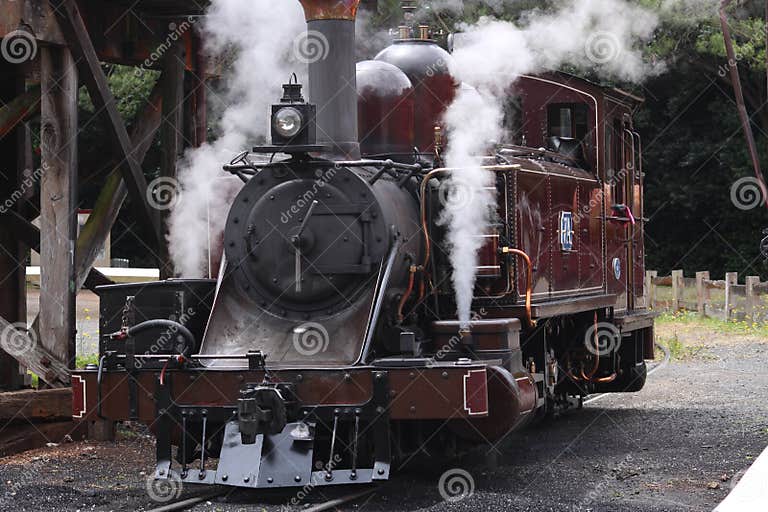 Old Red Steam Train with Steam Being Released from the Engine Stock ...