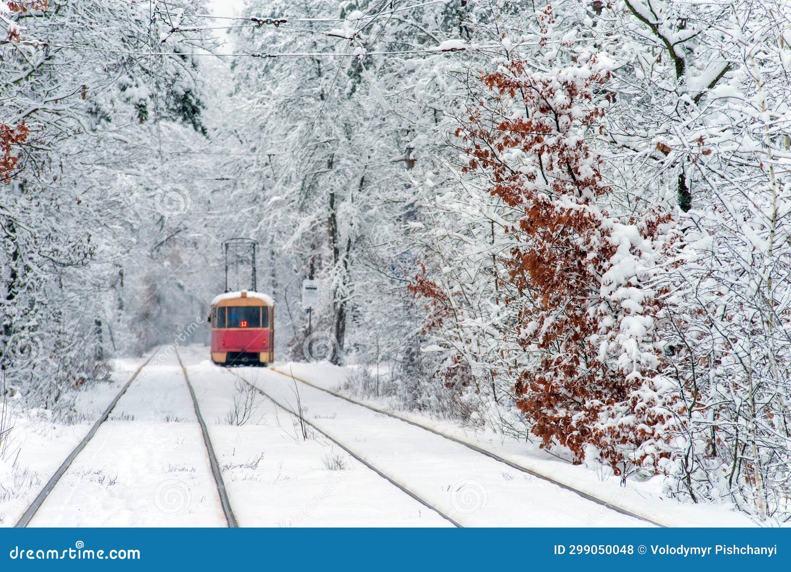 Old Red Tram, Leaving the Distance through the Snow-covered Forest ...