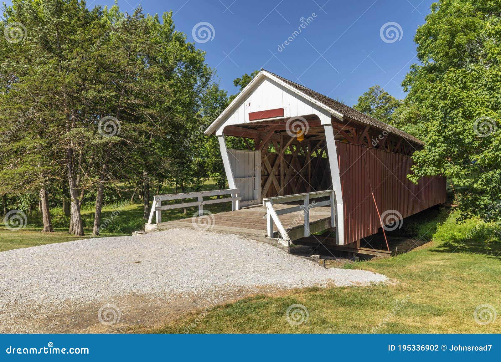 An Old Red and White Covered Bridge Stock Photo - Image of landscape ...