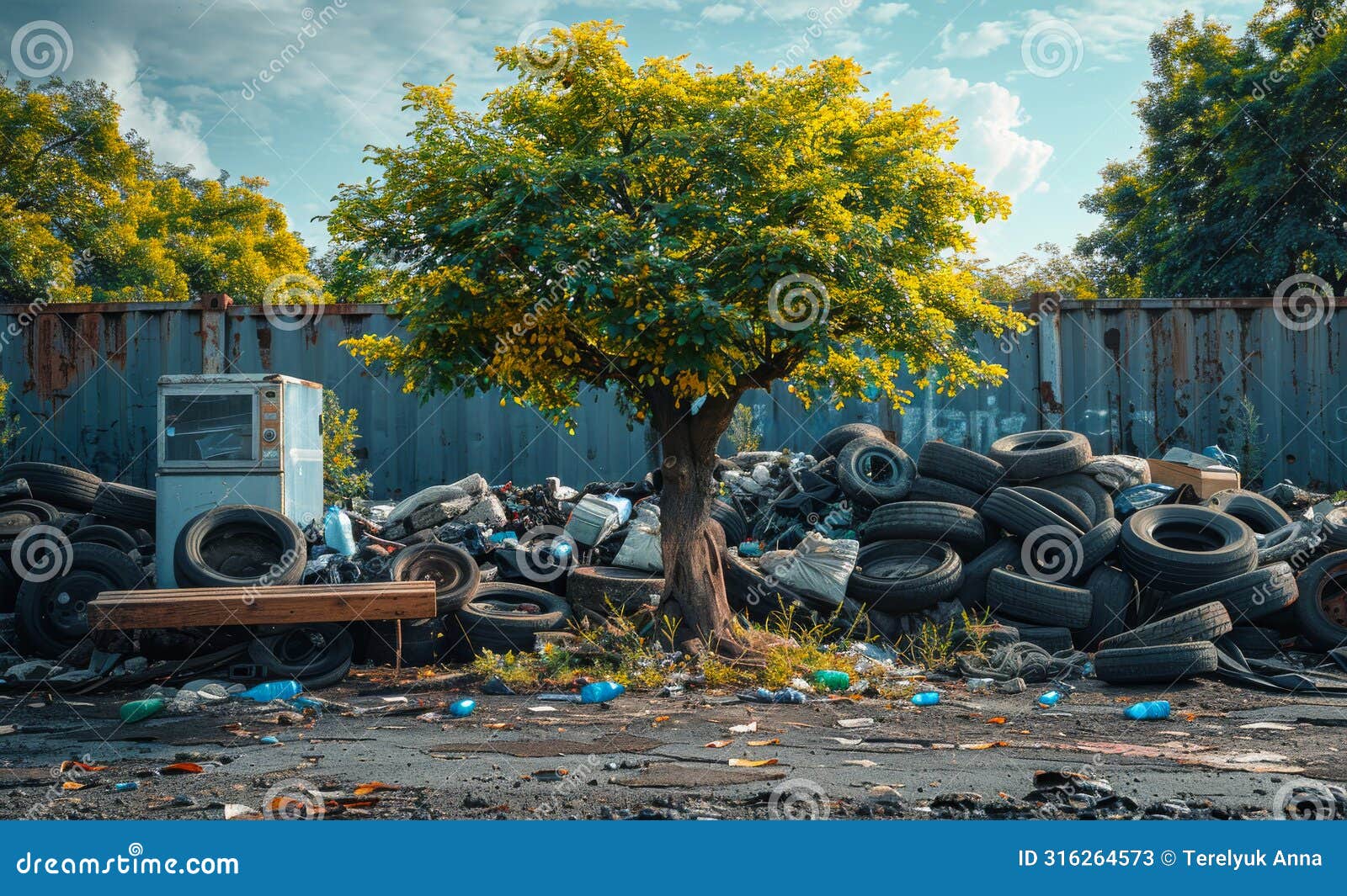Old Refrigerator and Tree in Junkyard. a Tree Growing on Top of the ...
